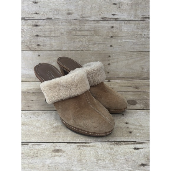 Coach | Shoes | Coach Tan Suede Kacie Shearling Slip On Italian Mules ...